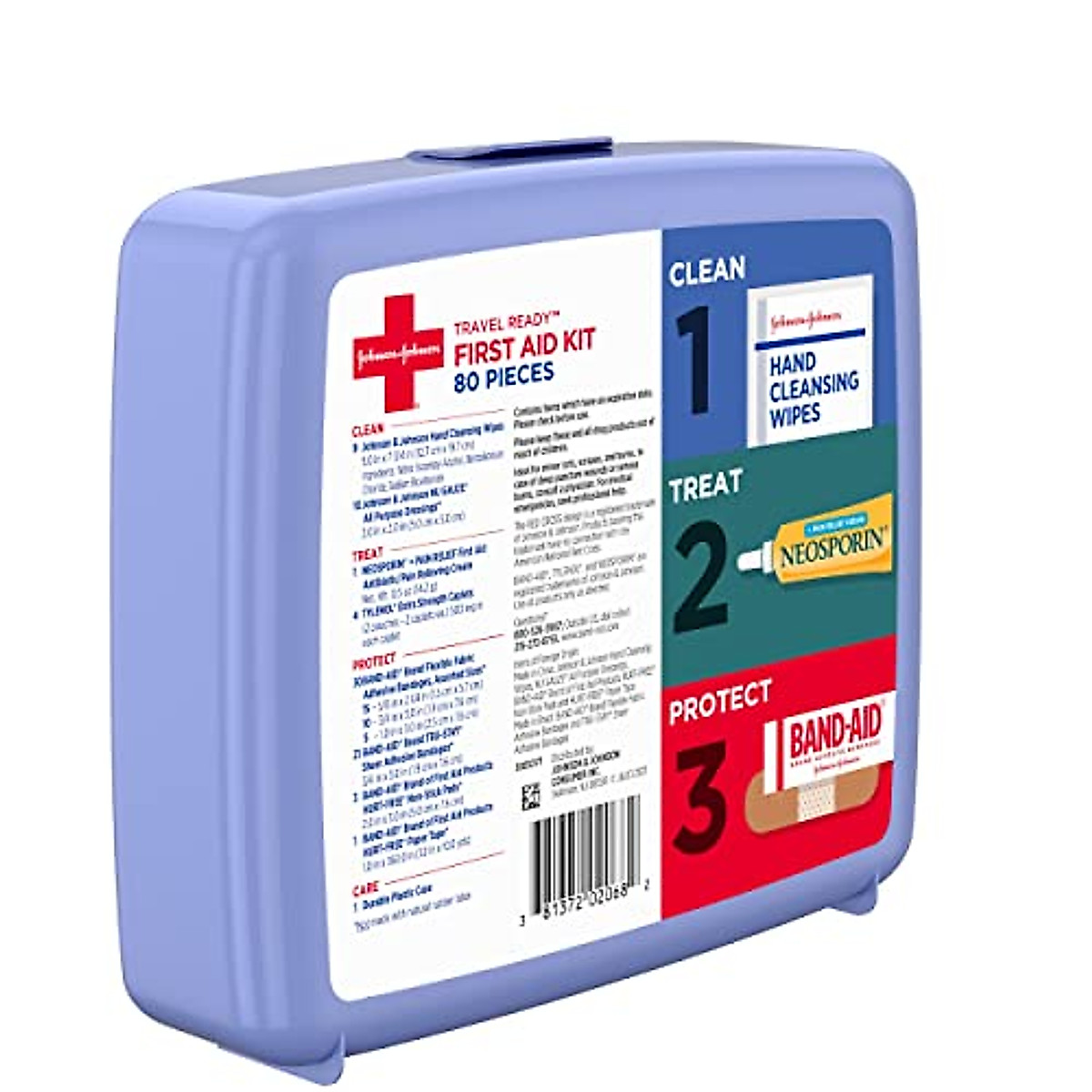 Johnson & Johnson Travel Ready Portable Emergency First Aid Kit for Minor Wound Care with Assorted Adhesive Bandages, Gauze Pads & More, Ideal for Travel, Car & On-The-Go, 80 pc