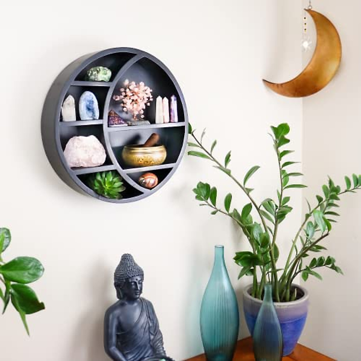 Moon Shelf for Crystals - Large 17" Black Moon Wall Decor for Bedroom, Nursery Shelf, Moon Decor – Witchy Decor - Wood Hanging Shelf Boho Crystal Display Shelf & Essential Oils Gifts for Women