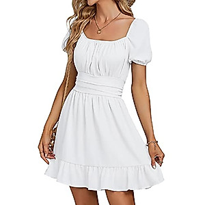 Rooscier Women's Square Neck Puff Short Sleeve Ruffle Elastic Waist Tie Back Mini Dress White Small