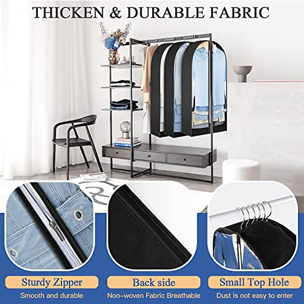 FADOTY 40" Garment Bags for Hanging Clothes 6.3" Gusseted Hanging Garment Bag for Storage Jacket Covers for Closet with Zipper Clear Garment Cover Dustproof for Coats Sweaters, 3 Pack, Black