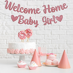 Welcome Home Baby Girl Banner - Pink Baby Shower Decorations for Girl, Gender Reveal Baby Shower Inside Outside Decoration Rose Gold Glitter