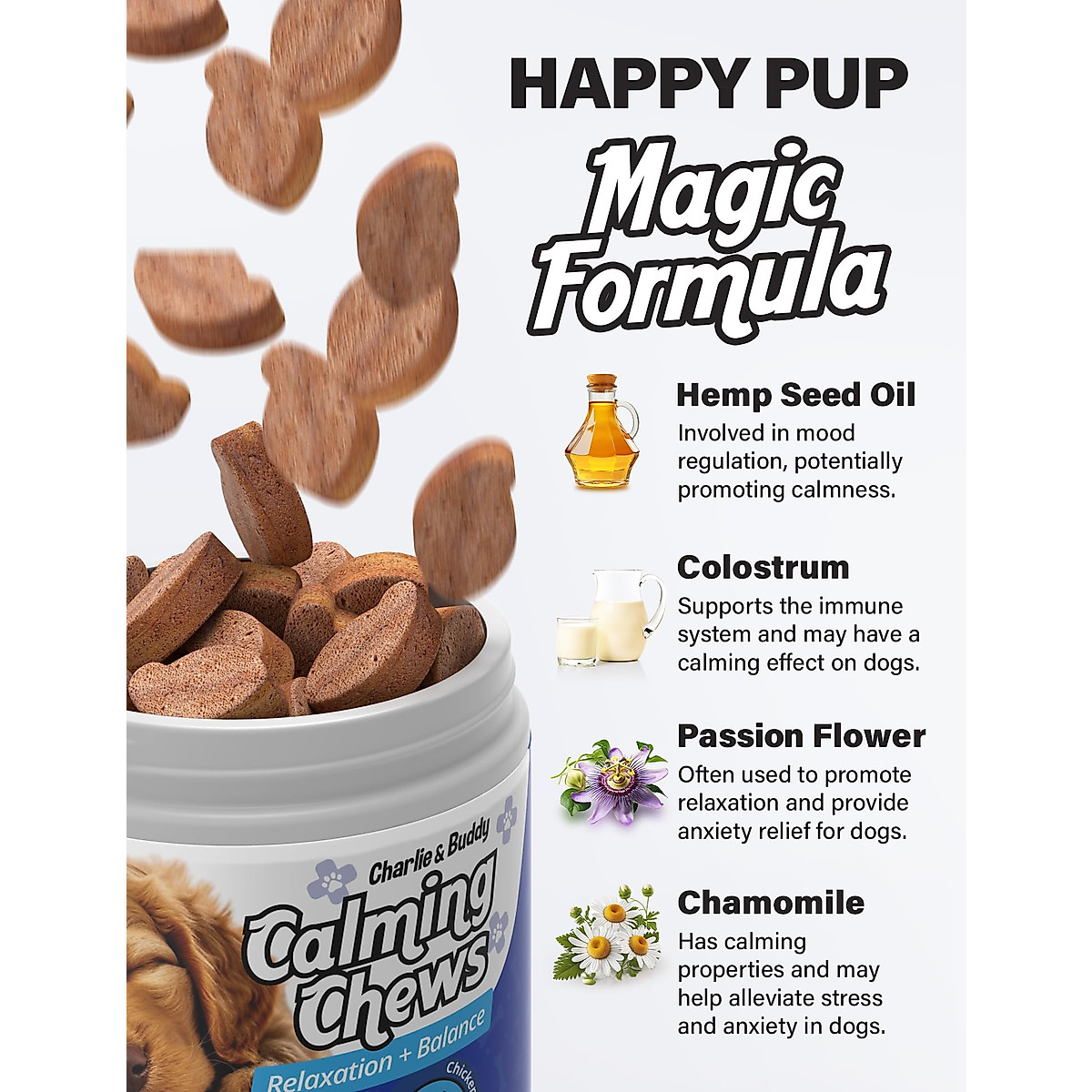 Charlie & Buddy Calming Chews for Dogs, Dog Anxiety Relief, Promote Relaxation, Dog Calming Chews with Melatonin for Dogs, Chamomile, Magnesium Citrate, 90 Soft Chews, Chicken Flavor