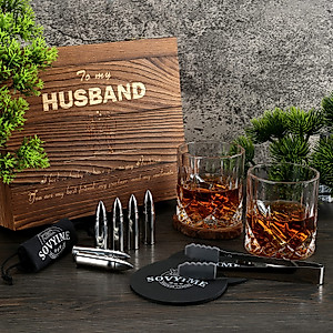 Anniversary Sovyime Gifts for Husband, Whiskey Stones Glasses Gifts for Men, Valentines Day Birthday Wedding Gifts Ideas for Husband,Stainless Steel Bourbon Scottish Whiskey Drinking Set for Christmas