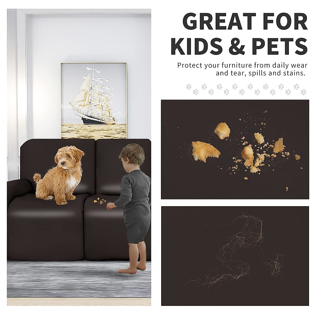 Easy-Going PU Leather Recliner Sofa Slipcovers, Waterproof Stretch Sofa Covers, 8 Pieces Stretch Furniture Protector, Elastic Strap Shield Pets Kids Children Cats Dogs Chocolate