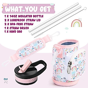 AEXPF Insulated Kids Water Bottle with Sleeve, 14 oz Double Wall Vacuum Stainless Steel Leakproof Thermos Water Bottle, Rainbow Pattern and Planet Pattern