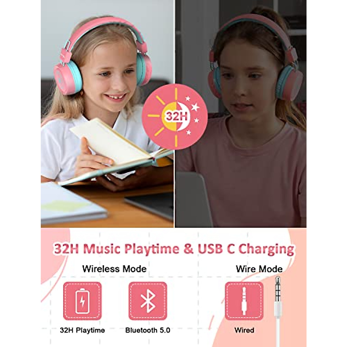 New bee Kids Bluetooth Headphones with Microphone Bluetooth 5.0 Wireless Kids Headphones with 32H Playtime/94dB Volume Limited On Ear Headphones for School/Girls/Boys/iPad/Fire Tablet(Pink)