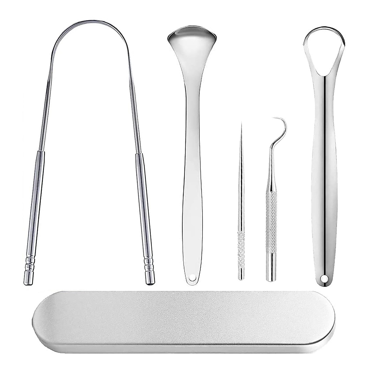 Metal Tongue Scraper For Adults,Stainless Steel Tongue Scrapers,Oral Care Kit Tongue Cleaner Tongue Scraper With Case,3 Pack Tongue Scraper Cleaner and 2Pack Mini Dental Pick.