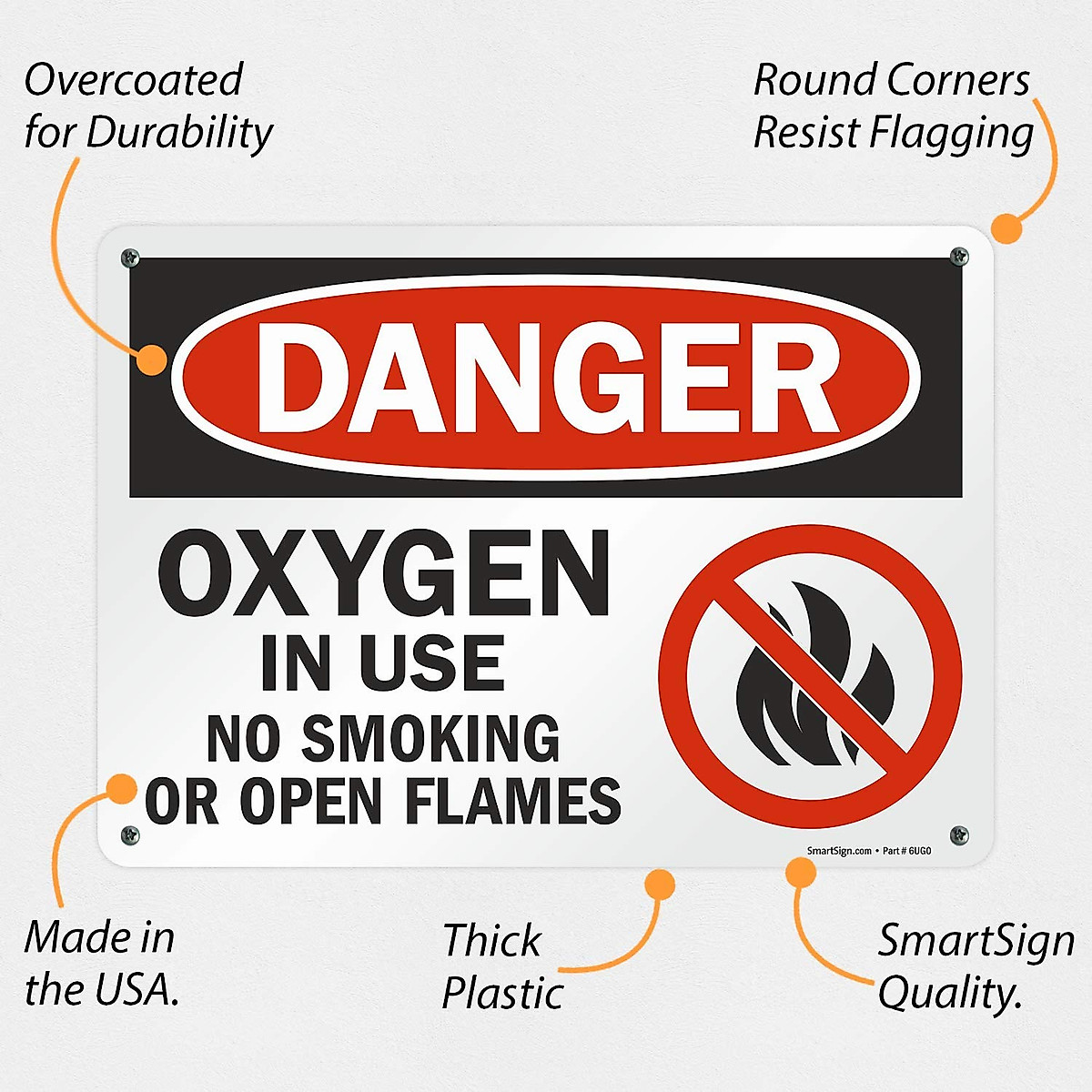 SmartSign - U9-1266-NP "Danger - Oxygen In Use, No Smoking Or Open Flames" Sign | 10" x 14" Plastic , Black/Red on White