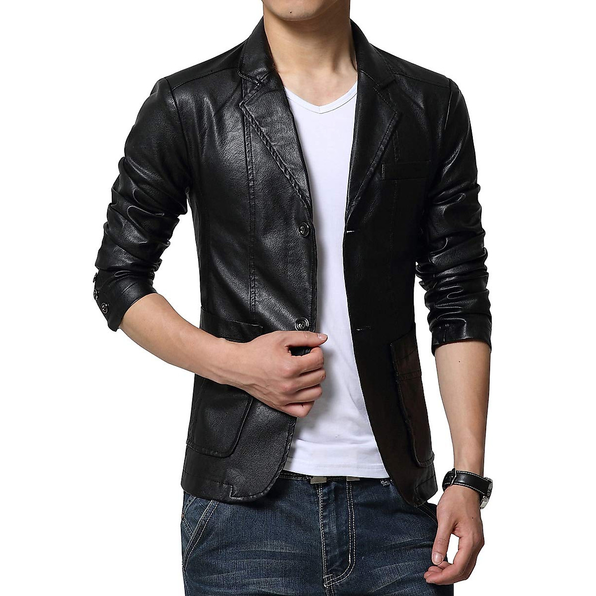 chouyatou Men's Stylish 2 Button Faux Leather Suit Blazer Jacket Sport Coat (Large, Black)