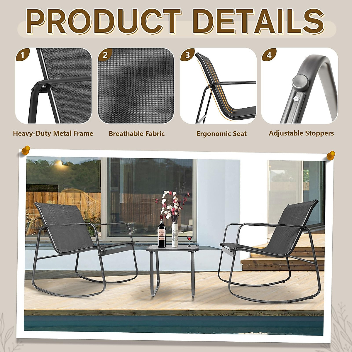 SUNCROWN 3-Piece Outdoor Rocking Bistro Set, Outdoor Furniture Set with Patio Rocking Chairs, and Glass-Top Table, Small Conversation Set of 3 for Porch, Lawn, Garden, Yard, Balcony, Poolside -Black