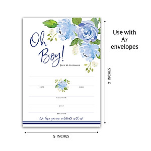 OH BOY! — Floral BABY SHOWER INVITATIONS— Pack of 25 — Garden Baby Shower Blank Fill-in INVITES, Flowers, Chic, Unique, Garden Invites, BLUE Baby BOY Sprinkle Invites, DIY Invites BLUE SKU I705-INV1