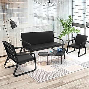 Bestmart PVC Leather 3PCS Office Reception Sofa Set Executive Side Waiting Room Visitor Guest Sofa,Dark Black