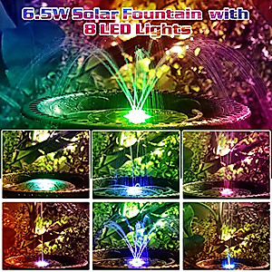 AISITIN 6.5W Solar Fountain with LED Colorful Lights & 3000mAh Battery, Solar Bird Bath Fountain Pump with Fixed Bracket and Multiple Nozzle, Solar Water Fountain Pump for Garden, Pond and Outdoor