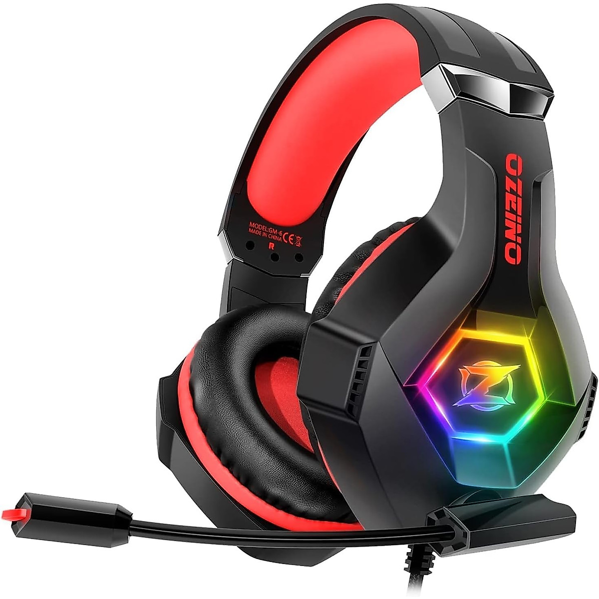 Ozeino Gaming Headset for PC, Ps4, Ps5, Xbox Headset with 7.1 Surround Sound, Gaming Headphones with Noise Cancelling Mic RGB Light Over Ear Headphones for Xbox Series X/S, Switch -Red