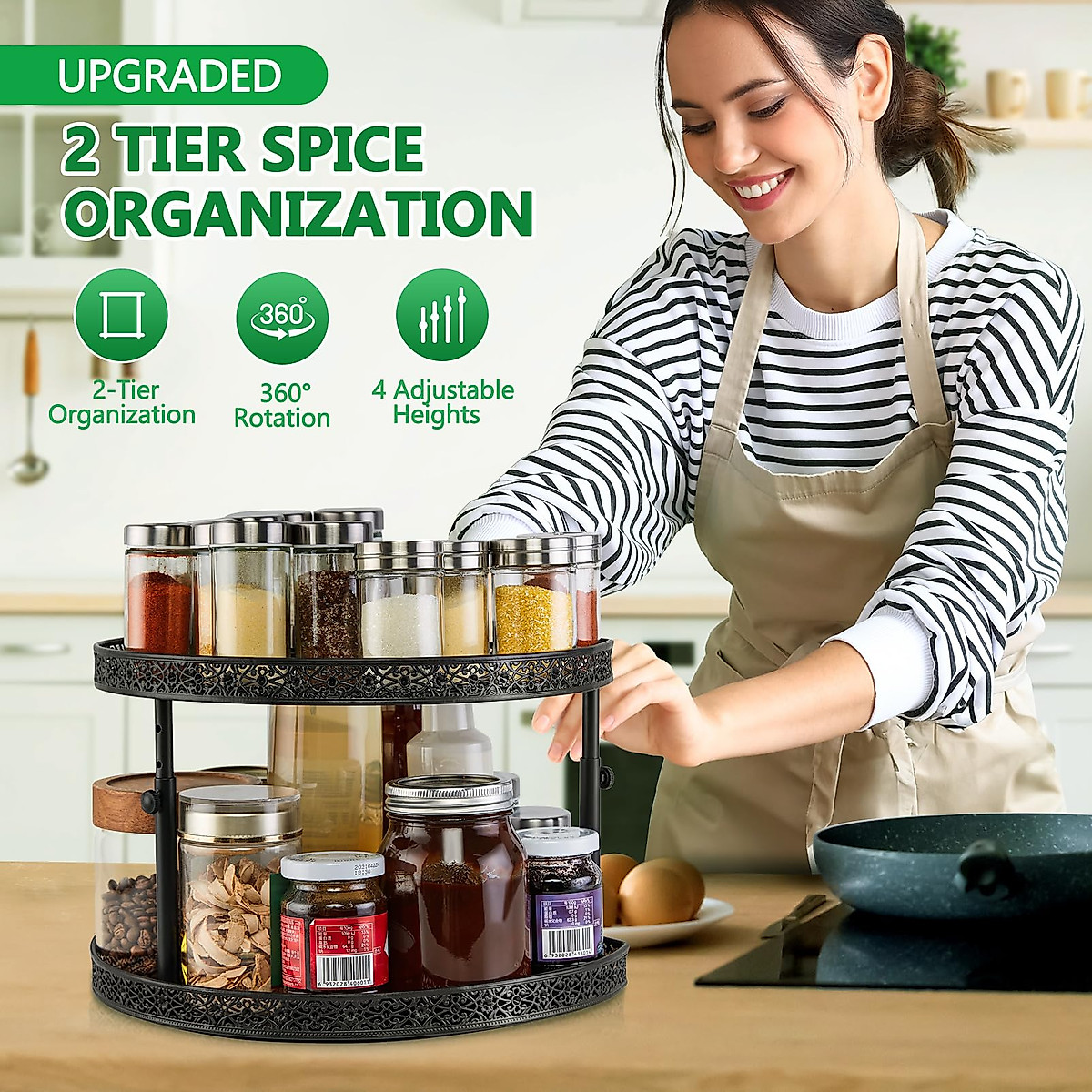 Spice Rack Lazy Susan Organizer - 2 Tier Rotating Spice Spinner for Cabinet with 4 Height Settings & Non-Slip Pad Kitchen Turntable Organization for Bathroom Pantry Countertop & Storage - Black Metal