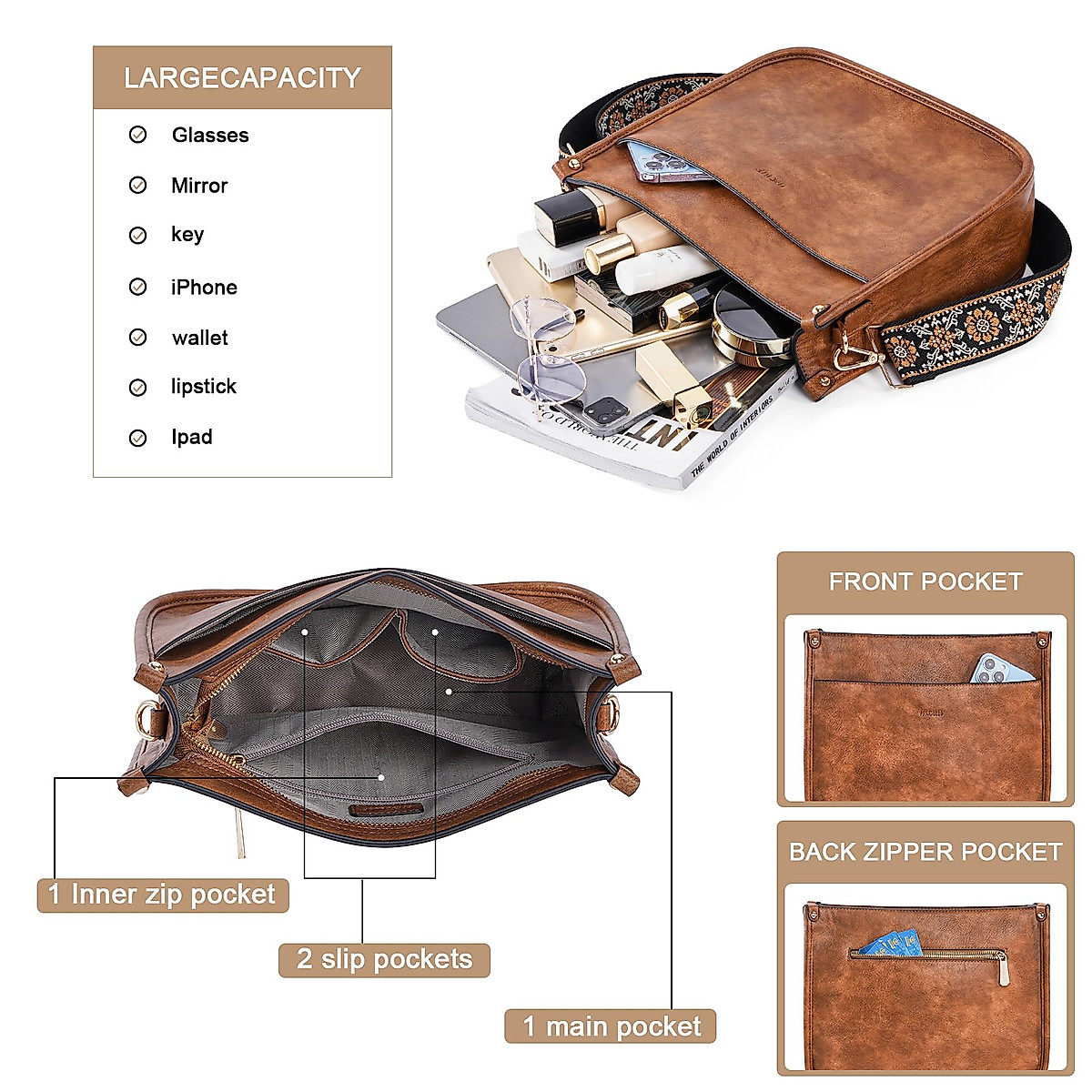 HKCLUF Crossbody Bags for Women Trendy Vegan Leather Hobo Handbags With 2PCS Adjustable Guitar Strap Shoulder Bucket Purse For Women(Brown)