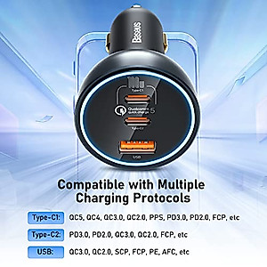 160W USB C Car Charger, Baseus Type C Car Charger, QC5.0 PD3.0 PPS 3 Ports Super Fast Charging Car Phone Charger Adapter for iPhone 14 13 12 Pro, Samsung S22 S21 iPad MacBook Pro Air Laptop Steam Deck