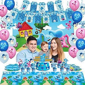 Blues Birthday Party Supplies Decorations, Include Banner, Balloons, Hanging Swirls, Backdrop, Tablecloth, Cake Topper, Plates, Knives, Forks, Spoons for Blues Themed Party