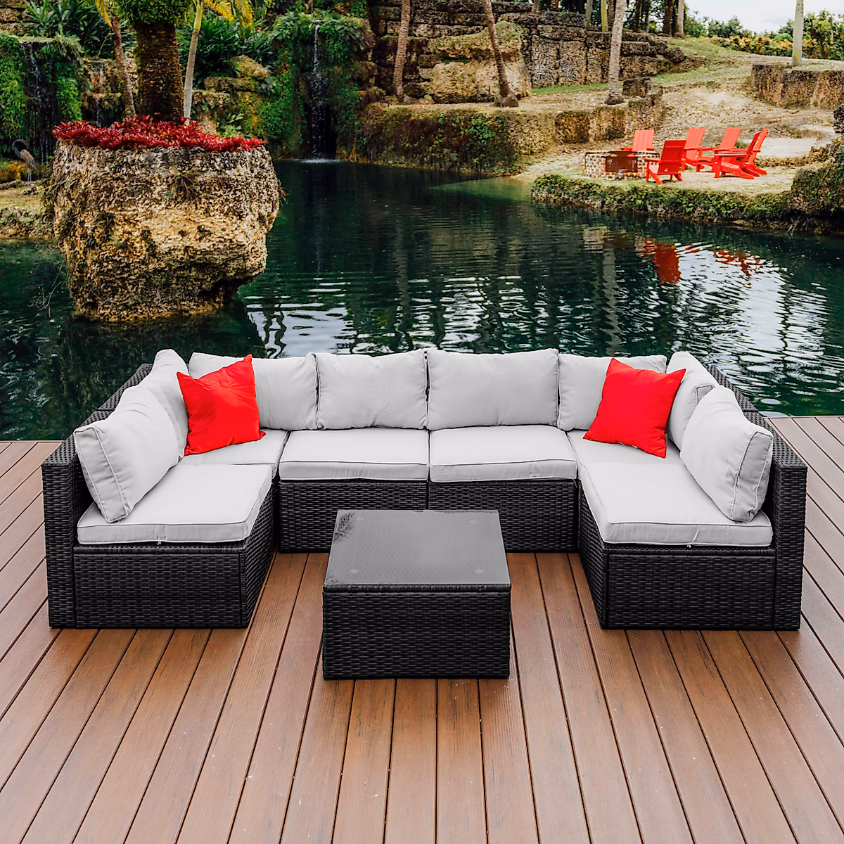 Nestl Patio Furniture Set – Outside Furniture Patio Set, 7 Piece Outdoor Patio Furniture Sets, Patio Conversation Sets with Patio Sectional, Black Wicker Patio Furniture Sets with Off White Cushions
