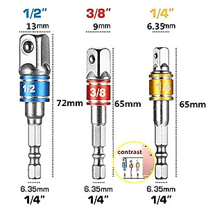 3Pcs 1/4" 3/8" 1/2"Hex Socket Adapter Drill Bits Set,Impact Grade Socket Wrench Adapter Extension Set,105°Right Angle Drill Bit Adapter Attachment 1/4" Drive Hex Magnetic Bit Socket Screwdriver Drill