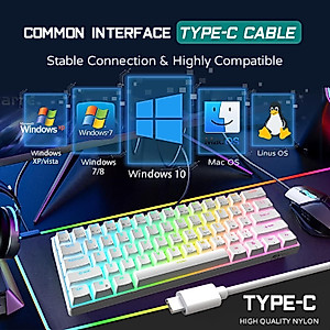 Gaming Keyboard for Girl, 60 Percent Keyboard Color Cute Keyboard with , Wired Mechanical Keyboard for Gaming Office White