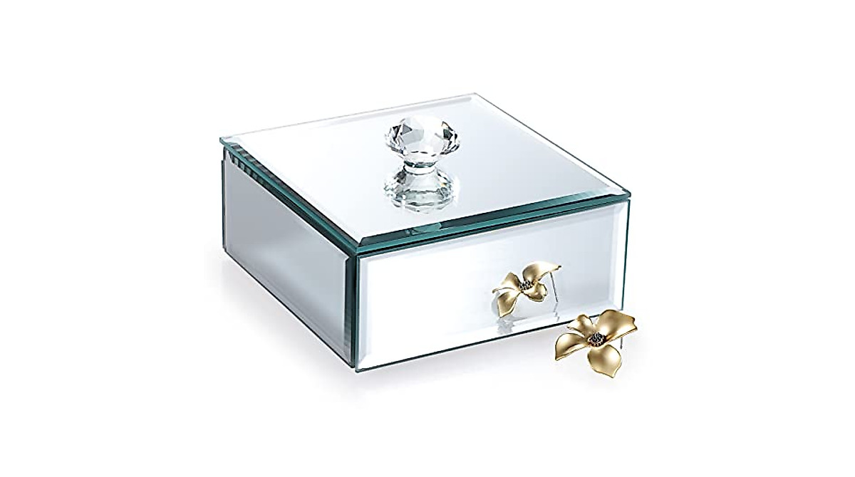Hipiwe Silver Jewelry Box - Mirrored Organizer with Crystal Handle