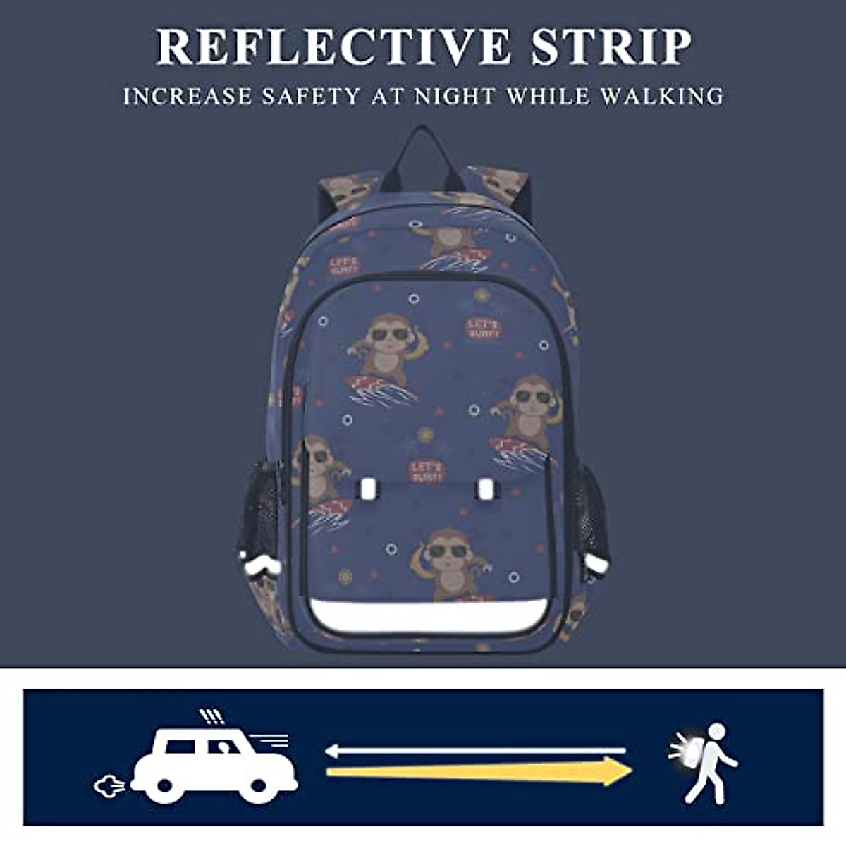 Vnurnrn Kids Backpack Surfing Monkey Print Big Storage Multi Pockets 17.7 IN School Backpack with Chest Buckle Reflective Strip for Boys Girls 6+ years in Primary Middle High School