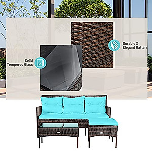 RELAX4LIFE 3 Pieces Patio Furniture Sectional Set, Rattan Wicker Conversation Set W/ 5 Cozy Seat & Back Cushions, Tempered Glass Coffee Table for Poolside, Backyard Outdoor Furniture (Turquoise)