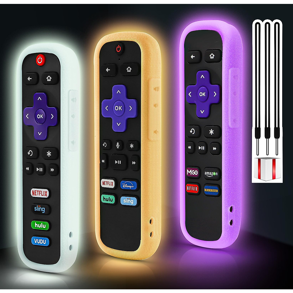 SOTATOO (3 Pack) Remote Cover for Roku, Remote Case Compatible with Roku Voice Remote Official, Silicone Universal Protective Controller Sleeve Glow in The Dark Purple Orange White with Lanyards