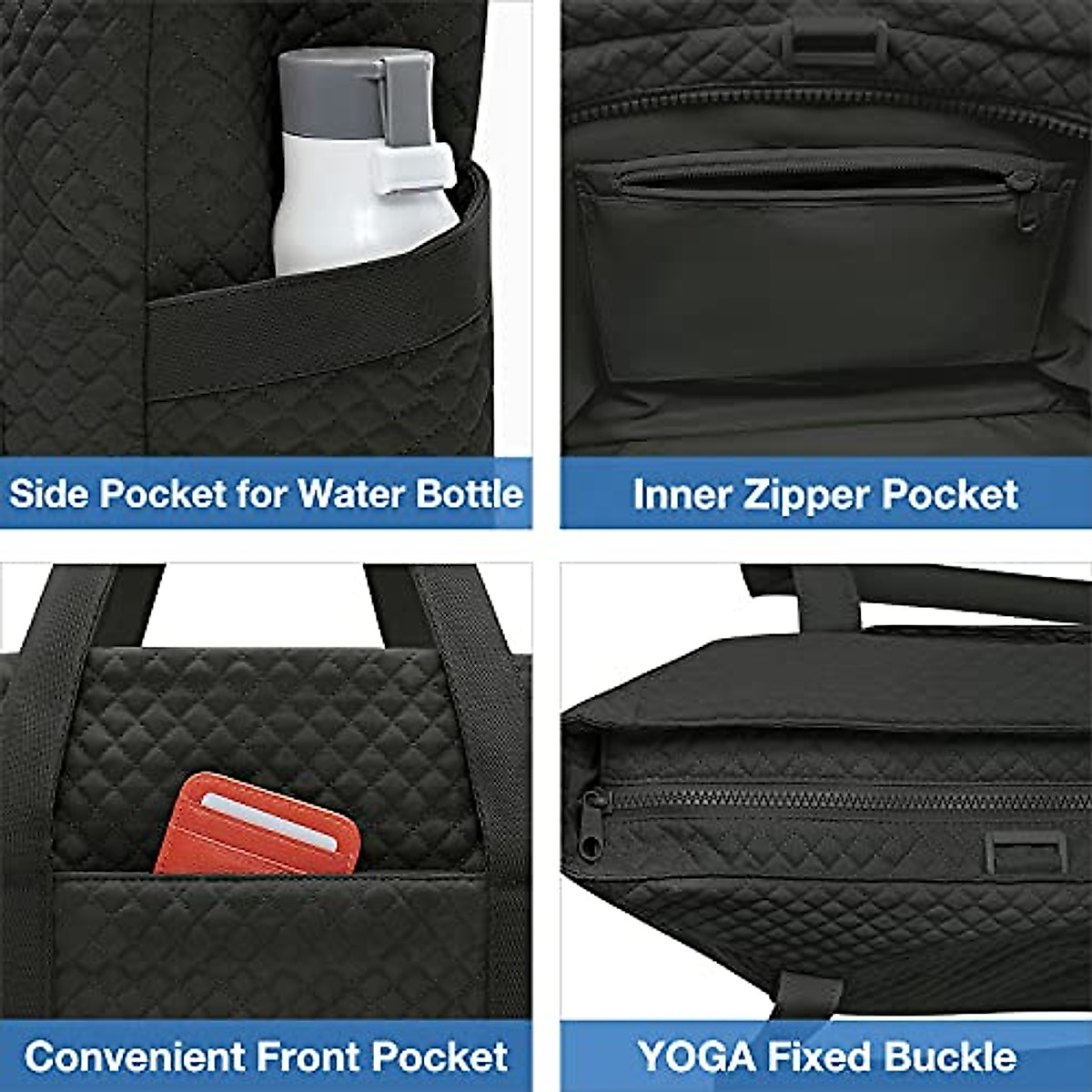 BAGSMART Large Tote Bag For Women, Shoulder Bag With Yoga Mat Buckle For Gym,Work,Travel,Black
