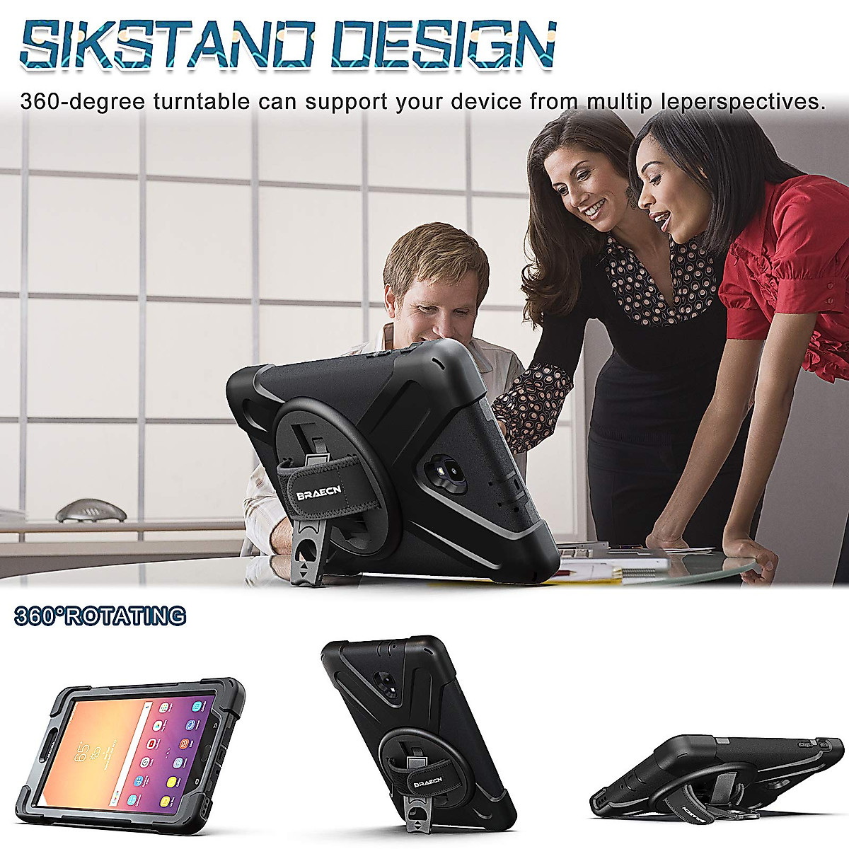 BRAECNstock for Samsung Galaxy Tab A 8.0 2017 Case (SM-T380/T385) Heavy Duty Shockproof Silicone Case with 360° Rotatable Stand&Hand Strap Shoulder Strap Galaxy Tab A SM-T380 Tablet Case Kids - Black