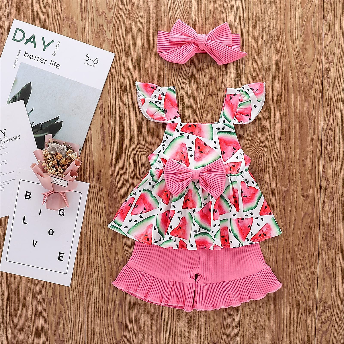 Dimoybabe Toddler Baby Girl Summer Clothes Knit Cotton Outfits Infant Short Set Sleeve Ruffle Ribbed Clothing Watermelon Red 2-3T 100CM