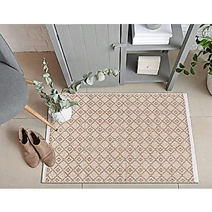 THE BEER VALLEY Diamond Woven Rug 2'x3' - Beige, Anti-Slip Farmhouse Accent Cotton Rugs for Entryway Kitchen Bedroom Bathroom - 24x36 Inches