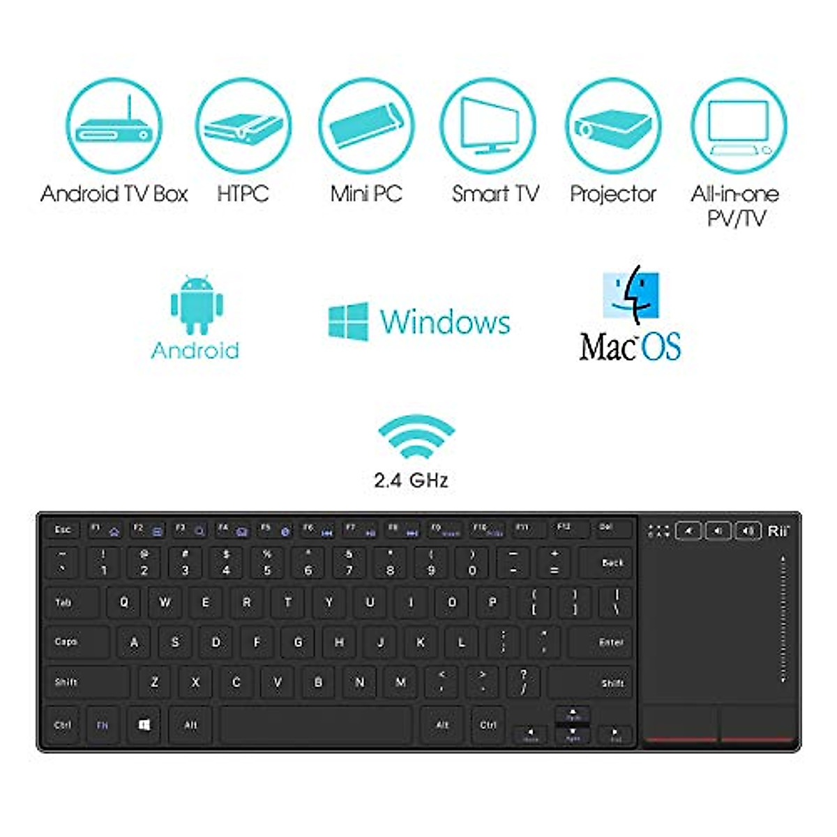 Rii K22 Ultra Slim 2.4 Gigahertz Mini Wireless Multimedia Keyboard with Touchpad for PC and Laptop