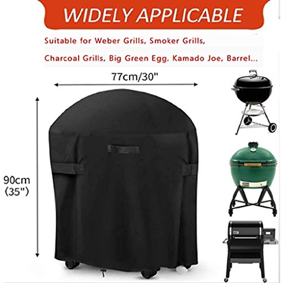 30-inch Round Smoker Cover, BBQ Grill Cover Kamado Cover Barrel Cover Fit for Smoker Grills Charcoal Grills Kamado Grills Gas Grills Vertical Fire Pit Barrel, UV Dust Water Resistant, Black