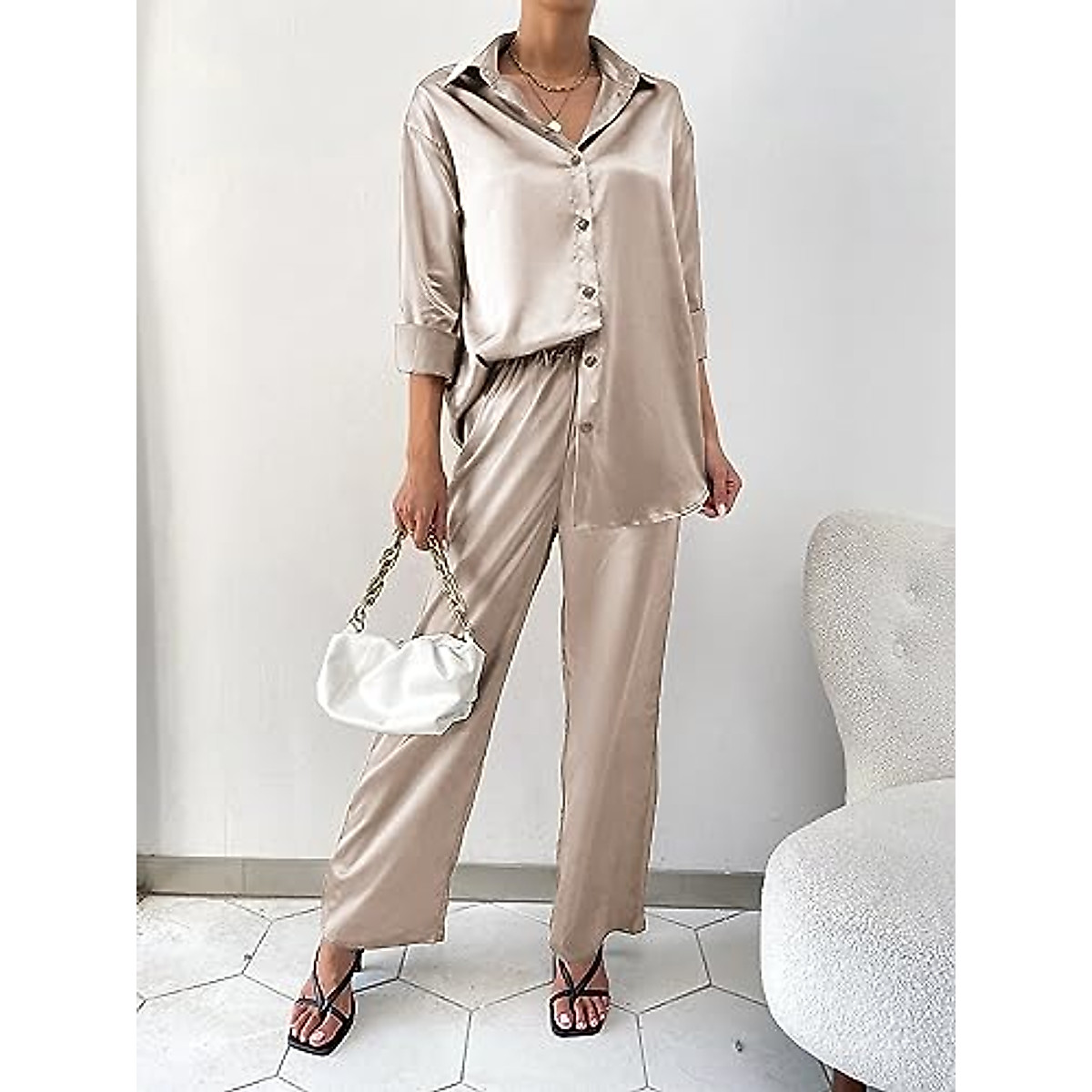 Ekouaer Womens Silky Loungewear Loose Satin Sleepwear Classic Long Sleeve Two Piece Pajama Set Champagne S