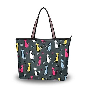 ZENWAWA Colorful Cat Silhouette Tote Bag Aesthetic, Zipper Large Capacity Women Grocery Bag Purse Shoulder Bag 2 Sizes
