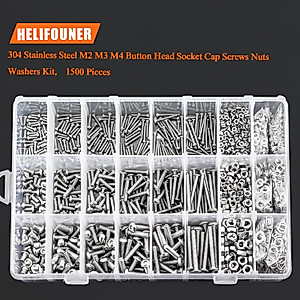 HELIFOUNER 1500 Pieces M2 M3 M4, 304 Stainless Steel Button Head Socket Cap Metric Screws Bolts Washers Nuts Hardware Assortment Kit with Hex Wrenches