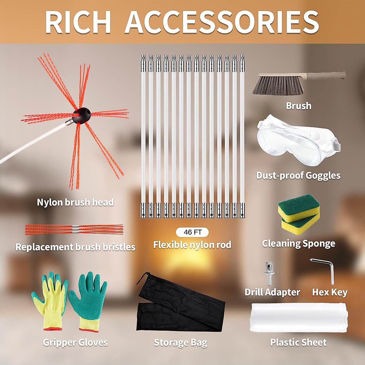 Bluesea 46 Feet Chimney Sweep Kit, Ergonomic Chimney Cleaning Kit, Extends Up to 46 Feet, Chimney Cleaner, Chimney Cleaning Tools, Chimney Cleaning System with Strong Brush, 14 Flexible Chimney Rods