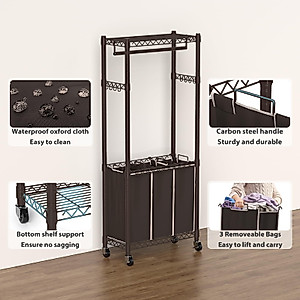 Hodonas Laundry Sorter 3 Section with Hanging Bar, Rolling Laundry Hamper Cart 3-Bag Laundry Basket Organizer Sorter with Hanging Rack Lockable Wheels and Removable Bags for Clothes Storage, Espresso