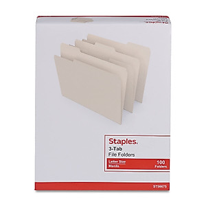 Staples 116657 Manila File Folders Letter 3 Tab Assorted Position 100/Box