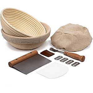 Proofing Set, by Kook, Sourdough Bread, 2 Rattan Banneton Baskets, 2 Basket Covers, Metal Scraper, Plastic Scraper, Scoring Lame, 5 Blades and Case, Round Shape