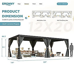 EROMMY 12' x 20' Outdoor Louvered Pergola, Patio Hardtop Gazebo, Sun Shade Shelter, Adjustable Metal Roof Hardtop Gazebo for Deck Patio Garden Yard, Curtains and Netting Included, Gray-Black