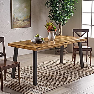 Christopher Knight Home Della Acacia Wood Dining Table, Natural Stained with Rustic Metal & Carlisle Outdoor Acacia Wood and Rustic Metal Bench, Sandblast Finish/Rustic Metal