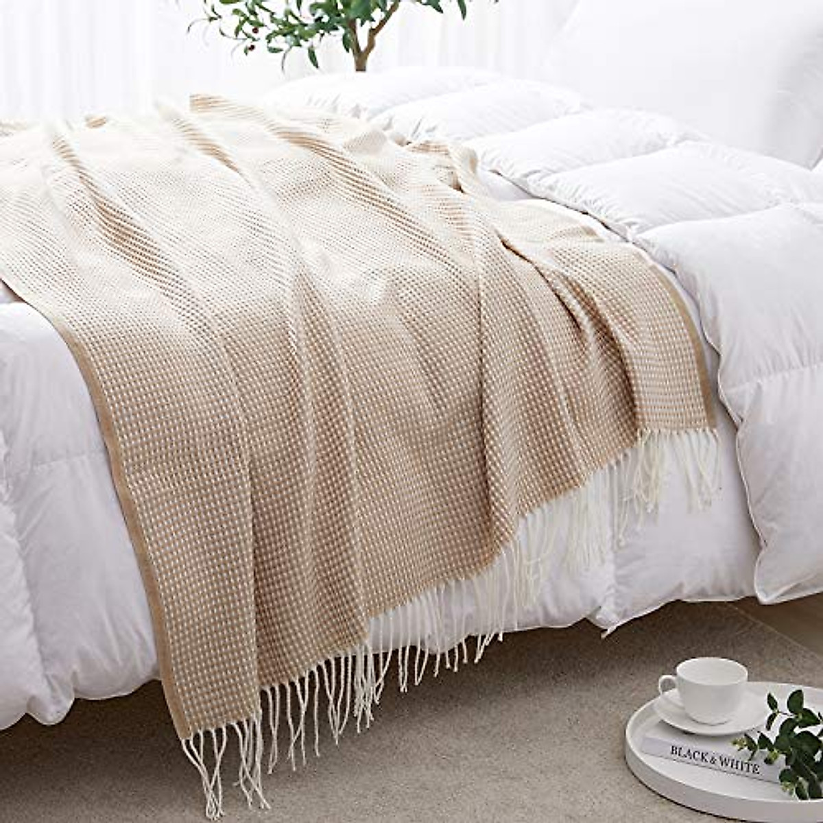 BOURINA 100% Acrylic Waffle Thermal Blanket for  Home Decoration Soft Lightweight Blanket  Breathable and Moisture Absorption for All Season for Couch/Bed,50 x 60'' Beige