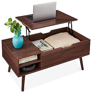 Best Choice Products Lift Top Coffee Table, Wooden Mid-Century Modern Multifunctional Accent Table for Living Room w/Hidden Storage, 2 Cubbies, Removable Shelf - Walnut