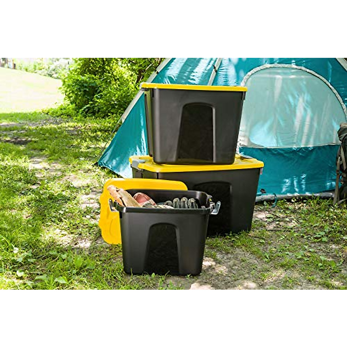 Homz 22-Gallon Durabilt Plastic Stackable Home Office Garage Storage Organization Container Bin w/Latching Lid and Handles, Black/Yellow (4 Pack)