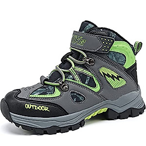 VITUOFLY Boys Hiking Boots Kids Warm Winter Snow Boots Girls Hiking Shoes Outdoor Adventure Trekking Shoes Anti-skid Sneakers Steel Buckle Grey Green Size 6.5