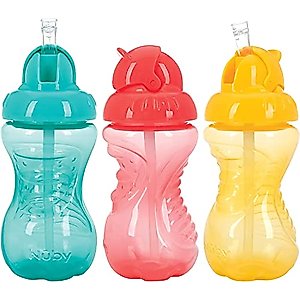 Nuby No-Spill Flip-It Cup, 10 Ounce (Aqua/Coral/Yellow)