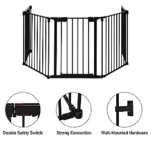 Costzon Baby Safety Gate, 121 Inch Length 5 Panel Adjustable Wide Fireplace Fence, BBQ Metal Fire Screen Gate, Pet Isolation Fence with Walk-Through Door, Freestanding Pets Gate (Black, 5-Panel)